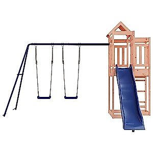 Loibinfen Outdoor Playset Solid Wood Douglas, Garden Play Set with 1 Play Tower, 1 Wave Slide, 1 Double Swing Set, Modern Outdoor Backyard Children's Climbing Wood Playground Playset,-4553