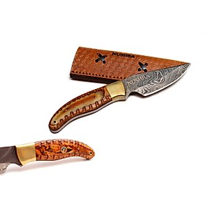 NUSHBA 014 handmade Damascus Steel Hunting Skinner knife with Cow Brown Leather Sheath Fixed blade knives for men