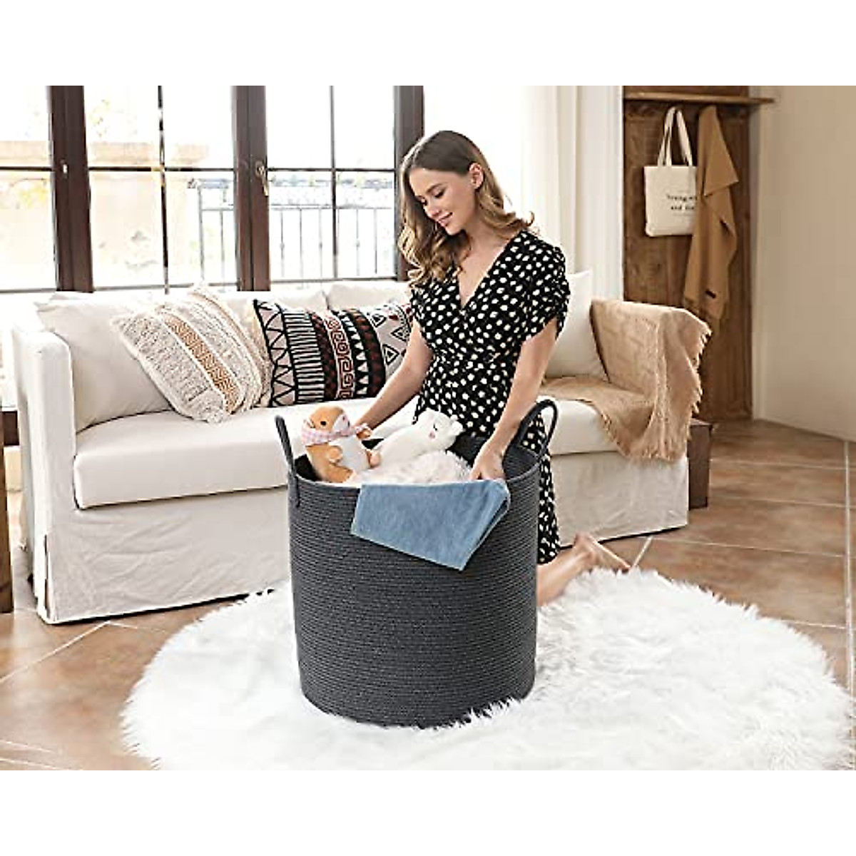 20" x 20" x 20" Extra Large Storage Basket, Cotton Rope Storage Baskets, Woven Laundry Hamper, Cloth Storage Bin, for Clothes Towel Blanket Basket in Living Room, All Black Grey Mix