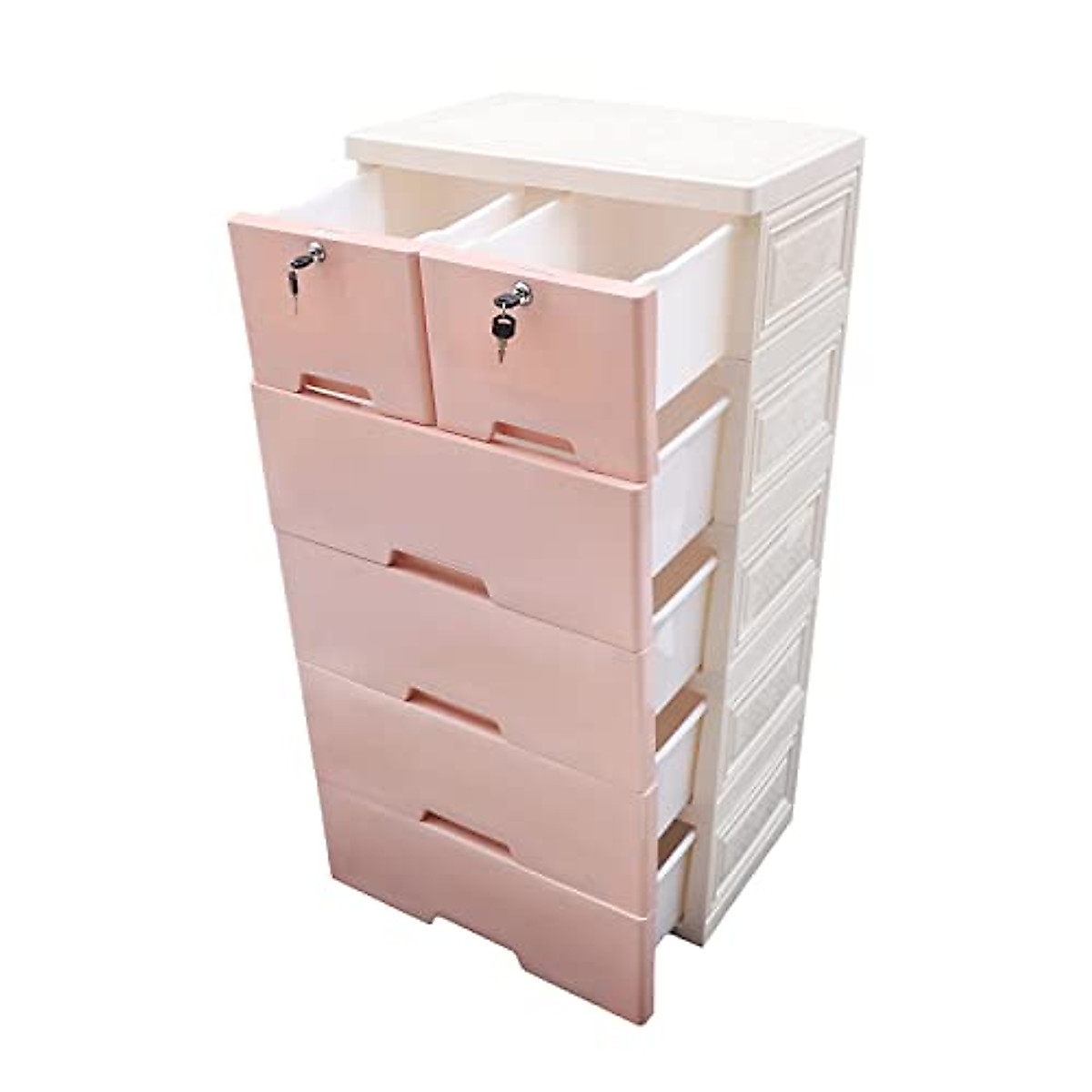 6 Drawer Plastic Dresser Storage Tower, Organizer Unit Stable Cart on Wheels Waterproof Plastic Cabinet with Locked Drawer for Bedroom Apartment (Pink)