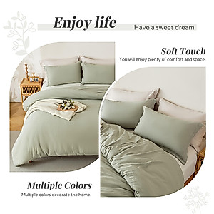 MILDLY Super Soft Duvet Cover - 100% Washed Microfiber October Mist Sage Comforter Cover Set 3 Pieces with Zipper Closure & Corner Ties (No Comforter)