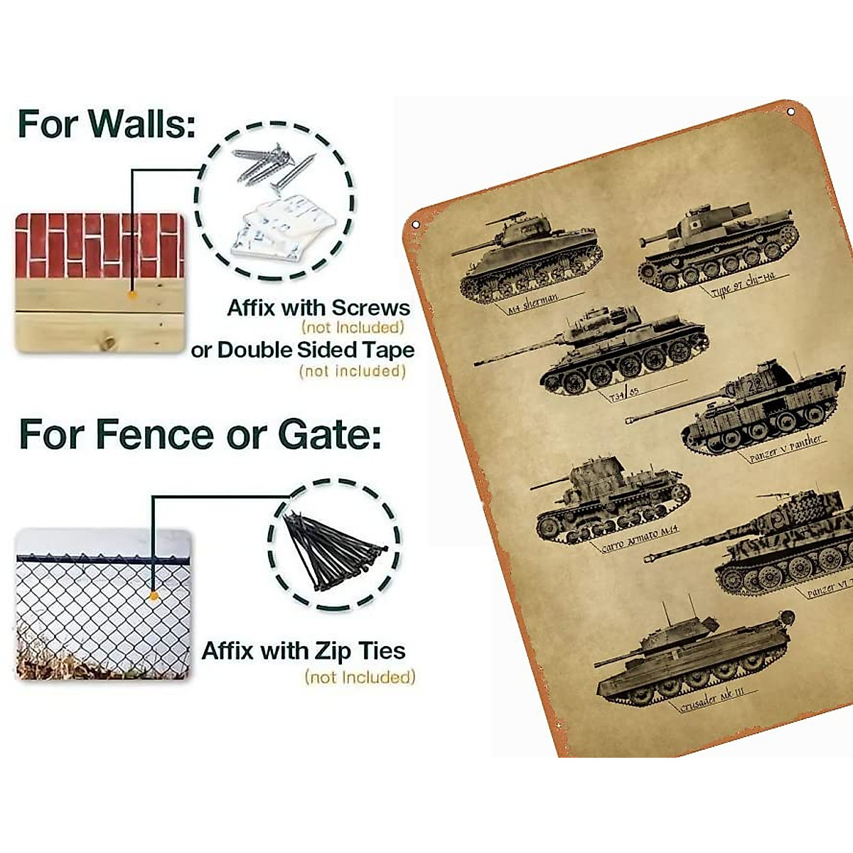 Decleezw WWII Tanks Metal Sign Retro Military Poster Prints Home Bar Pub Wall Decor Gifts for Military 12x8 Inch