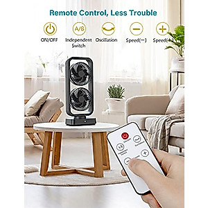 16 Inch Desk Fan, 5000mAh Battery Operated Fan ,Oscillation Tower Fan with Remote, Portable Rechargeable Table Fan with 2 Fan Heads, 270° Oscillation Personal Fan for Bedroom Office Camping Travel