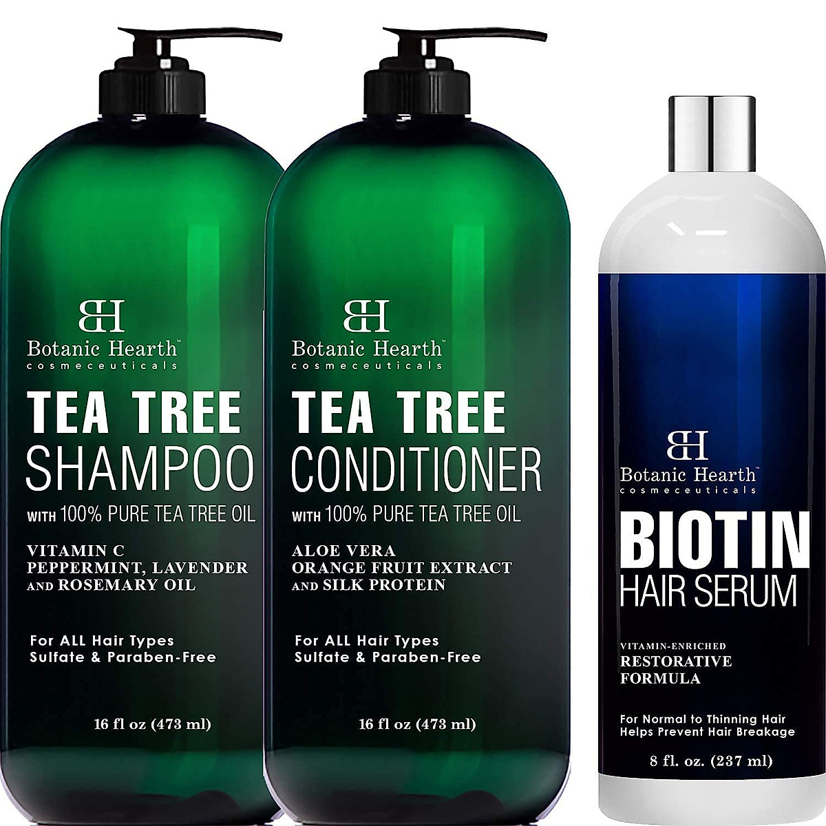 Botanic Hearth Tea Tree Shampoo & Conditioner Set (16 oz each) and Biotin Hair Serum (4 oz) Bundle