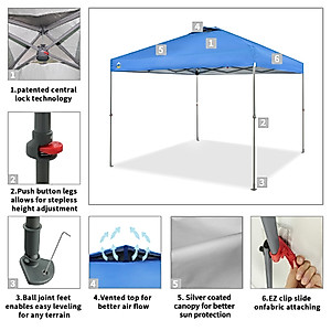 CROWN SHADES 10x10 Canopy Tent, Pop Up Beach Tent for Outdoor Shades with Wheeled Bag, 8 Stakes, 4 Ropes, Outdoor Canopy, Blue