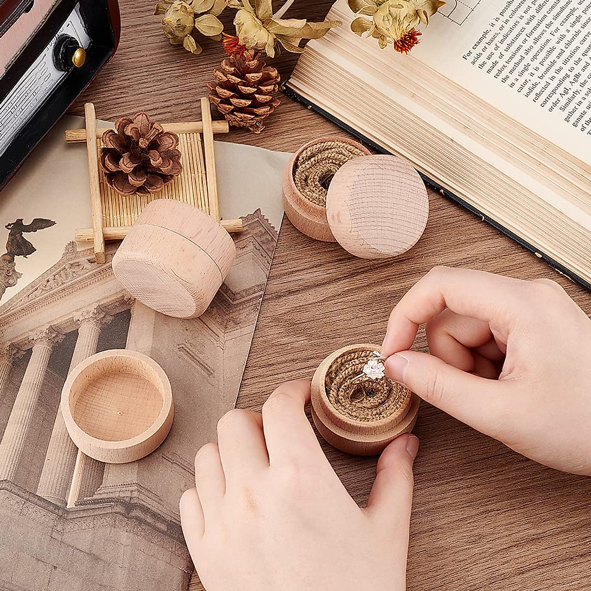 FINGERINSPIRE 3 Pcs Mini Round Wooden Box 1.8x1.4 inch Small Wooden Ring Box with Linen BurlyWood Ring Jewelry Earring Trinket Box DIY Wood Storage Container Case for Proposal Wedding Ring Storage