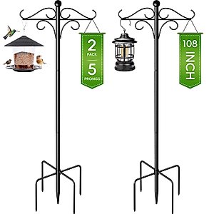 rumlick Shepherds Hooks for Outdoor, 2 Pack 108 Inch Heavy Duty Bird Feeder Pole with 5 Prongs Base, Adjustable Shepherds Hook for Hanging Birdhouses, Lanterns, Plant Baskets, Wind Chimes