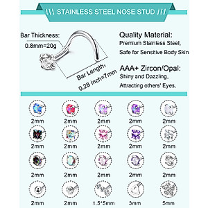 Besteel 20 Pcs Hypoallergenic 20G Nose Rings for Women Men Cubic Zirconia Stainless Steel Nose Studs Set Labret Lip Nostril Piercing Jewelry Multicolor 2mm Screw