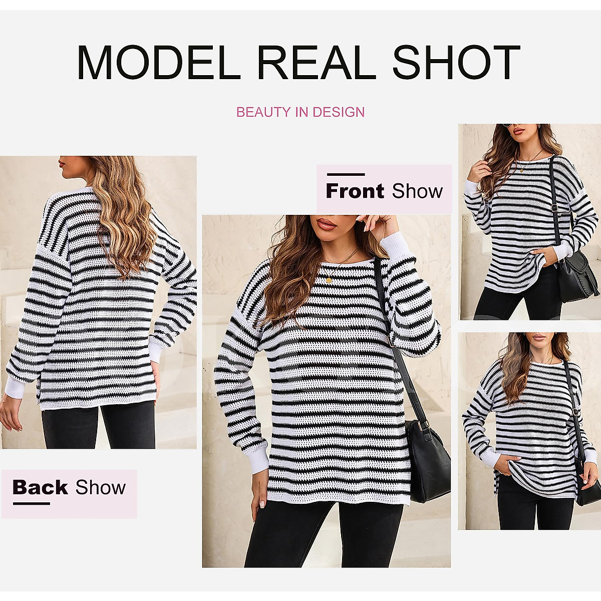 Dokotoo Oversized Crewneck Sweaters for Women 2024 Fall Winter Fashion Color Block Long Sleeve Striped Side Split Sweater Casual Comfy Chunky Knit Pullover Sweaters Tops White Large