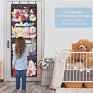 Melpler Stuffed Animal Storage - Stuffed Animal Holder, Hanging Stuffed Animal Organizer for Nursery, Over the Door Organizer for Stuffies, Toy Plush Storage with 4 Hooks 3 Support Rods(Grid Black)