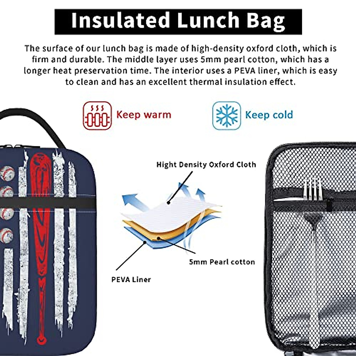 Baseball American Flag Insulated Lunch Bag Lunch Box Lunch Tote Cooler Reusable Lunch Pail Outdoors Meal Bag For Women Men
