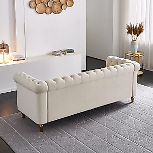 Yoglad Velvet Chesterfield Sofa, 84.65'' Mid Century Modern 3 Seater Couch with Round Arms and Metal Legs, Upholstered Sofa with Tufted Back for Living Room Bedroom (Beige)