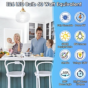 GGOYING 60W Equivalent E26 LED Bulb Dimmable, 850LM LED Edison Bulbs Daylight White 5000K, 6W A19 Filament Light Bulb, Classic Clear Glass, 6-Pack