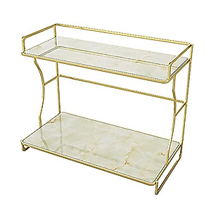 ETIGER Makeup Organizer, 2 Tier Bathroom Cosmetic Storage Shelf, Decorative Wire Vanity Organizer Basket with Marbling Glass Tray(White)