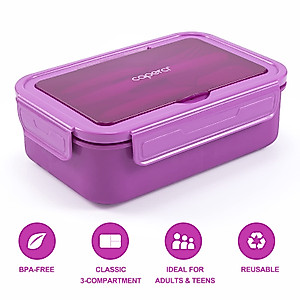 Caperci Classic Bento Lunch Box for Adult & Older Kids - Leakpoof 47 oz 3-Compartment Lunch Containers for Adults and Teens, Built-in Utensil Set, Ideal for On-the-Go, Purple