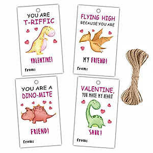 2.1" x 3.5" Valentine's Day Gift Wrap Tags | Dinosaur Theme Happy Valentine's Day Gift Wrapping Decorations and Supplies for Kids | 40 Gift Tags with Strings-DP-002