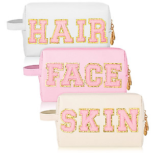 Sotiff 3 Pcs Preppy Patch Makeup Bag Hair Face Skin Cosmetic Bag Travel Toiletry Bag for Women Chenille Letters Patch Bag with Handle Waterproof Portable Preppy Purse Zipper Pouch for Girls