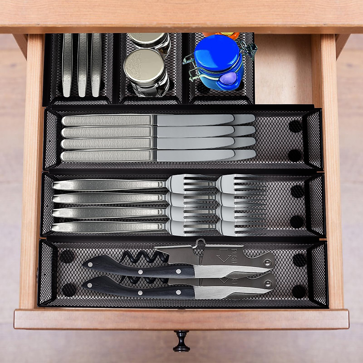 Barelove Silverware Drawer Organizer for Kitchen Drawers, 6 Pcs Mesh Utensil Holder Cutlery Storage Tray with Interlocking Arm for Flatware Knives Forks Spoon Home Office Desktop, 12x3x2 Inch, Black
