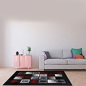 L'Baiet Rita Black Grey Red White Geometric Color Block Soft Shag Indoor 8' x 10' Area Rug