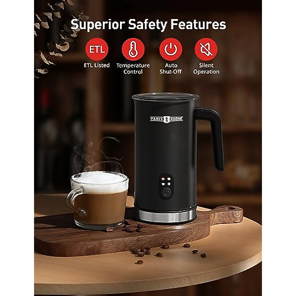 Milk Frother and Steamer, Paris Rhône Electric Milk Frother 300ML, 4 in 1 Hot & Cold Foam Maker for Latte, Cappuccino, Coffee, Hot Milk, Macchiato, Milk Warmer, BLack