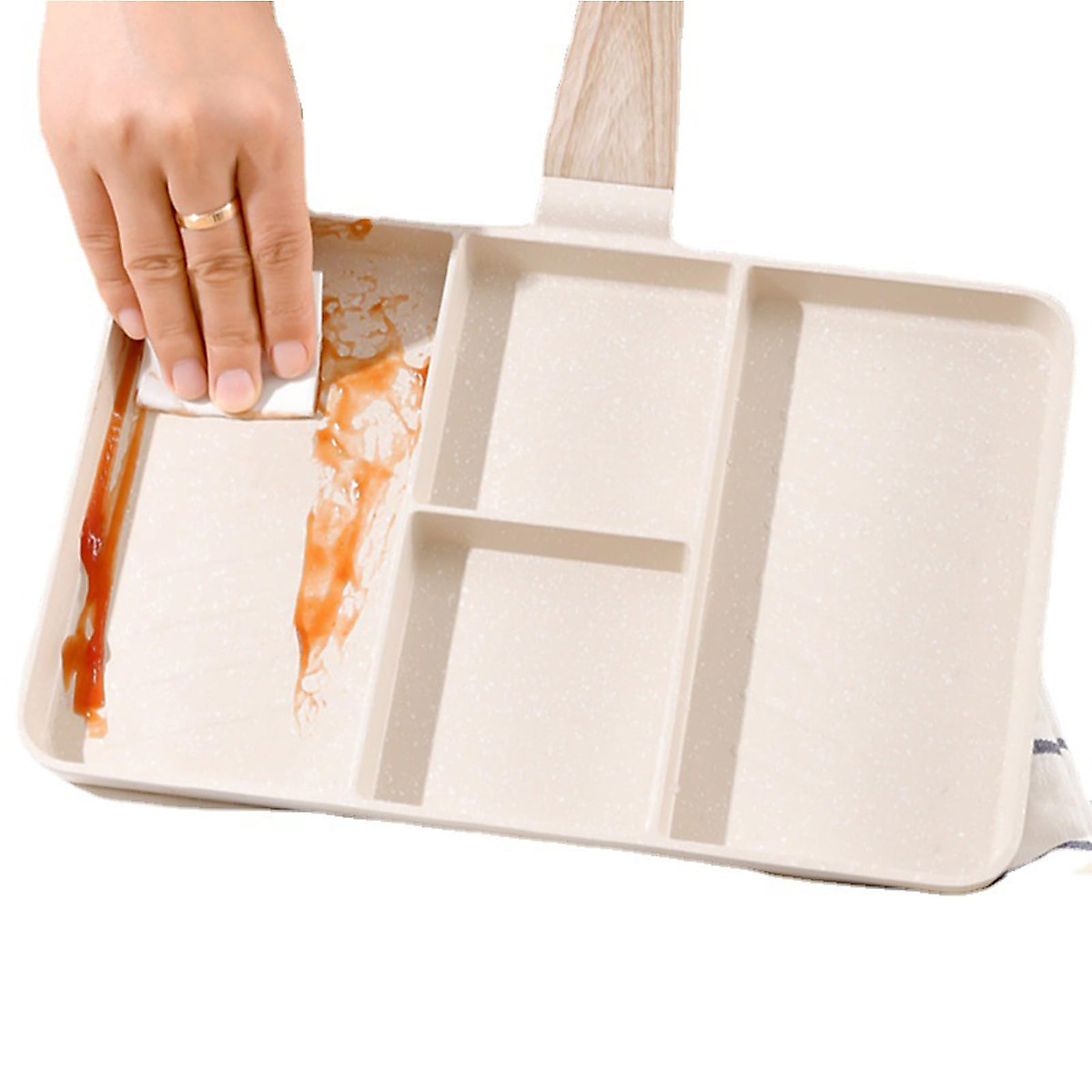 Nonstick 4 Section Divided Pan, Egg Frying Pan Stone Coating Aluminum Alloy Grill Pans Sectional Skillet Grill Pan with Wooden Handle for Breakfast 13.8 Inch (White)