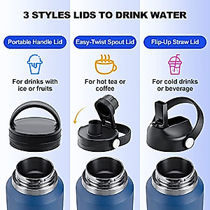 HYDROWION 32oz Water Bottle, Double Wall Vacuum Stainless Steel Insulated Water Flask with Straw Lid, Spout Lid and Flex Cap(Cold for 48 Hrs, Hot for 24 Hrs), Leakproof Travel Thermo Mug, Blue&Black