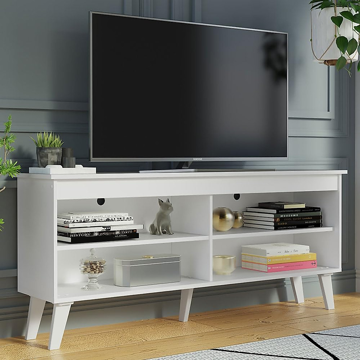 Madesa Compact TV Stand Cabinet with 4 Shelves and Cable Management for 50, 55 Inch TV Media Storage Unit Living Room and Bedroom Modern Wooden Television Media Console - White