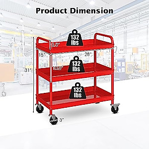 Goplus Service Cart, Heavy Duty 3-Tier Utility Cart with Flat Handle, 2 Lockable Universal Wheel, 400 lbs Capacity, Rolling Tool Cart for Garage, Kitchen, Hotel, Office, Workshop, Restaurant