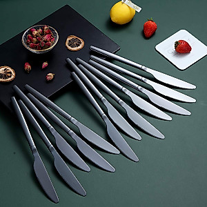 Berglander Black Dinner Knives Set Of 12, Titanium Shiny Black Plating Stainless Steel Dinner Knife, Butter Knife Table Knives Dishwasher Safe