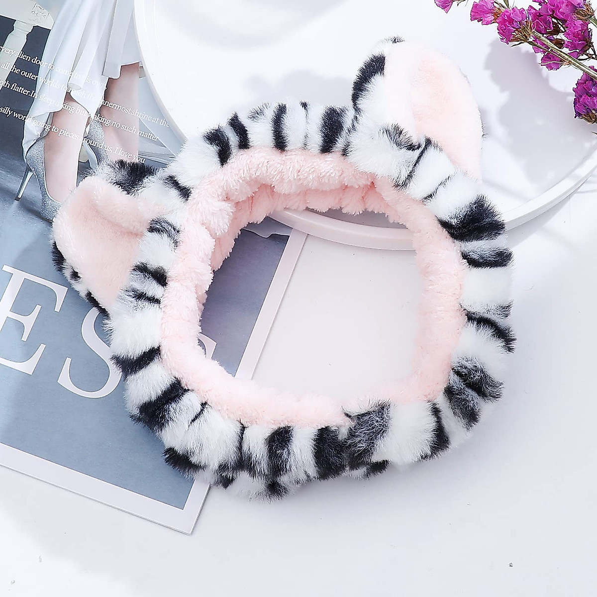 Hofar Tiger Face Wash Headband Hairband with Tiger Ears Coral Fleece Cartoon Cute Creative Hair Accessories