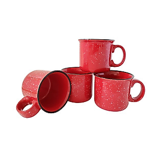 Essential Drinkware 14oz Ceramic Campfire Coffee Mug (Set of 4), Red with Speckled Finish - Durable Thick Walled Camping Style Cup for Outdoors or Home
