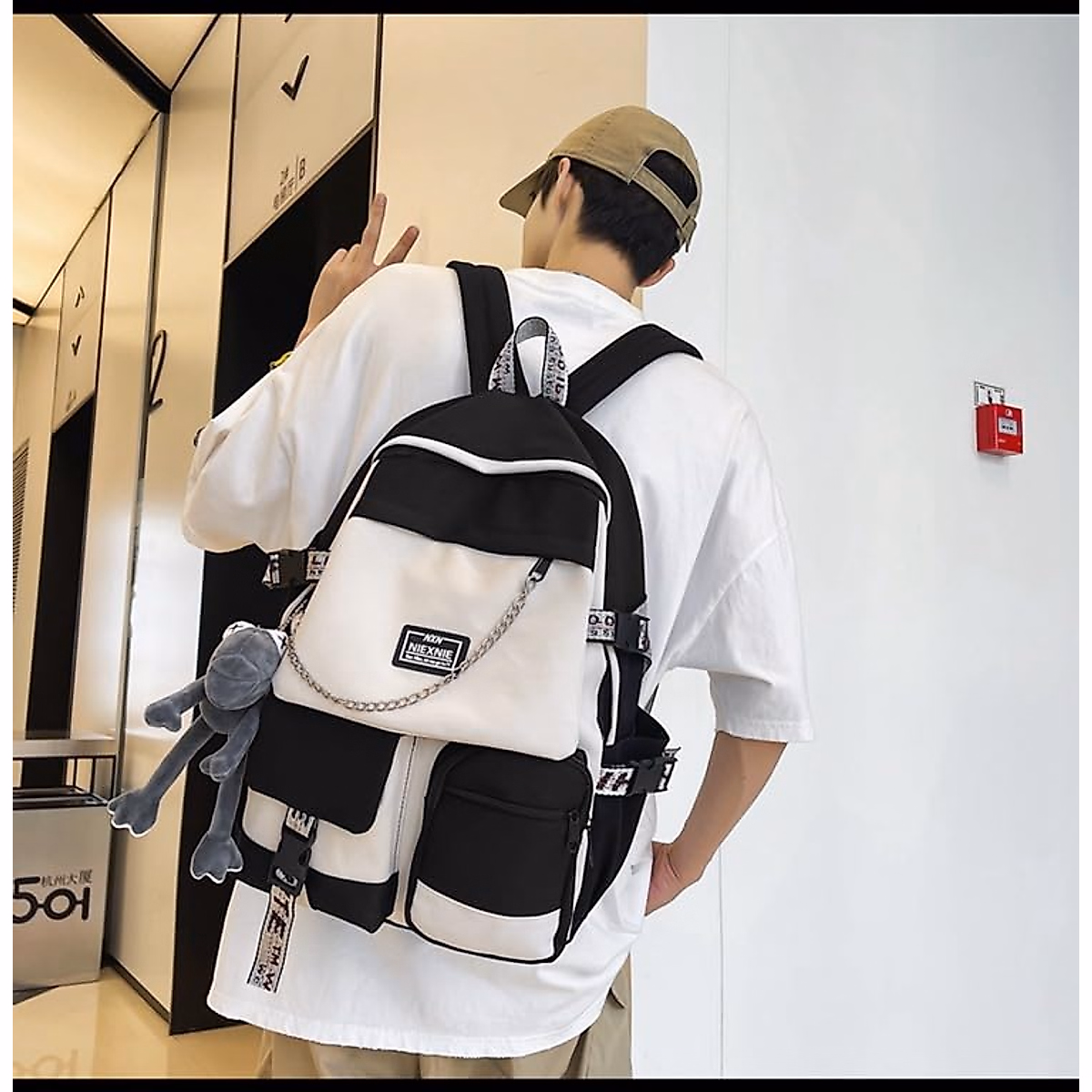 MININAI Preppy Backpack with Cute Monkey Pendant Cool Chain Aesthetic College Backpack Japanese Harajuku Alt Emo Laptop Bag (One Size,White)