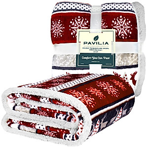 PAVILIA Premium Christmas Sherpa Throw Blanket | Christmas Decoration Reindeers, Fleece, Plush, Warm, Cozy Reversible Microfiber Holiday Blanket 50 x 60