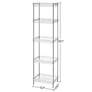 SONGMICS Metal Storage Shelves, 5-Tier Wire Shelving Unit, Kitchen Rack, Adjustable Shelves, 4 Hooks, Shelf Liners, 11.8 x 15.7 x 59.1 Inches, Total Load Capacity 220 lb, for Garage, Silver ULGR105E01