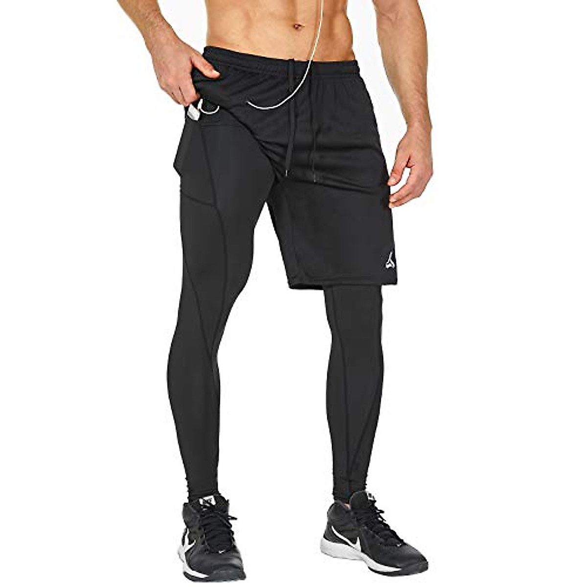 SILKWORLD Men's 2 in 1 Running Compression Tights Pants Mesh Athletic Workout Gym Legging,Black,Large