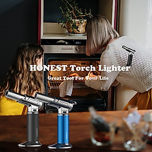 Butane Torch Refillable Kitchen Torch Lighter with Flame Lock lighter for cocktail smoker，toast, marshmallows, Creme Brulee, BBQ, and hookah coals(Blue A)