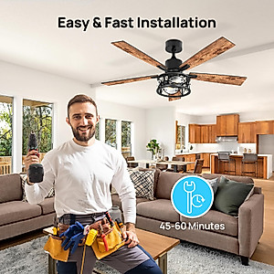 Consciot Ceiling Fan With Lights, 52 Inch Farmhouse Indoor Ceiling Fan With Remote, Quiet Reversible DC Motor, 5 Double Finish Wood Blades, Easy Dual Mount, Support Dimmable 2*E26 Bulbs(not included)