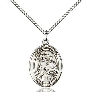 F A Dumont Sterling Silver St. Raphael The Archangel Pendant with 18" Stainless Steel Lite Curb Chain. Patron Saint of Blind/Love/Safe Journey