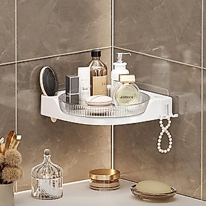 KOUHTIKA 360 Rotating Makeup Organizer Corner Spinning Bathroom Organizer 1 Pack Corner Shower Rack with Hooks for Perfume Lotion Skincare Organizer Countertop Kitchen Storage(Clear)