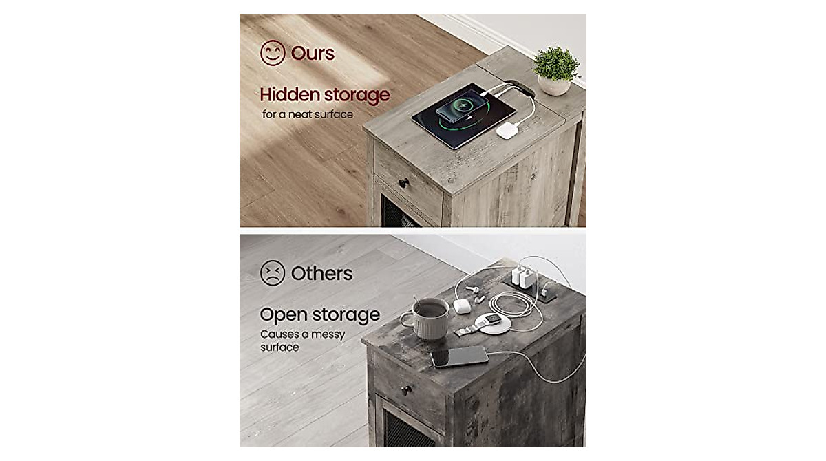 VASAGLE Greige Side Table with USB Ports and Storage