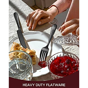 Hammered Black Silverware Set, EUIRIO 40-Piece Flatware Set for 8, Heavy Duty Stainless Steel Cutlery Set, Food-Grade Utensil Sets Includes Spoons Forks and Knives, Mirror Finish Dishwasher Safe