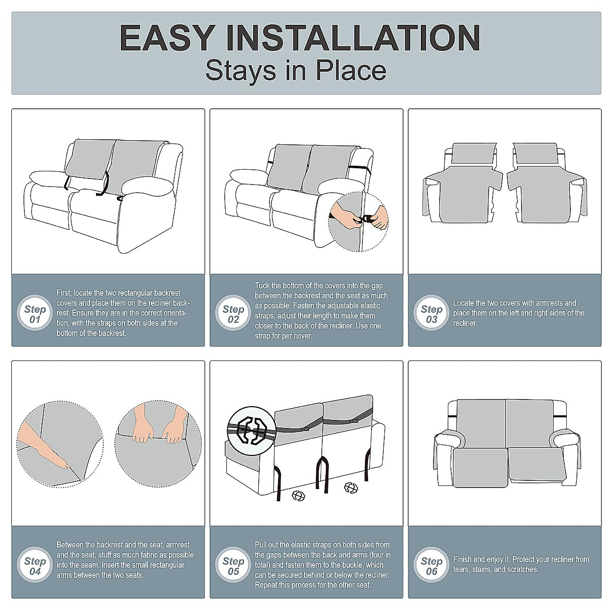 Genina Loveseat Recliner Cover Non-Slip, Sofa Cover for Reclining Couch 2 Seat, Loveseat Covers Double Recliner Furniture Protector Cover with Elastic Straps for Pets (Dark Gray, Recliner Loveseat)