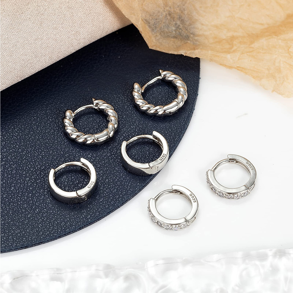 JASSEWRLY 3 Pairs 925 Sterling Silver Small Huggie Hoop Earrings for Women, Hypoallergenic Cubic Zirconia Hoops Huggie Earrings, Twisted Silver Mini Hoop Earrings Cuff Earring for Girls