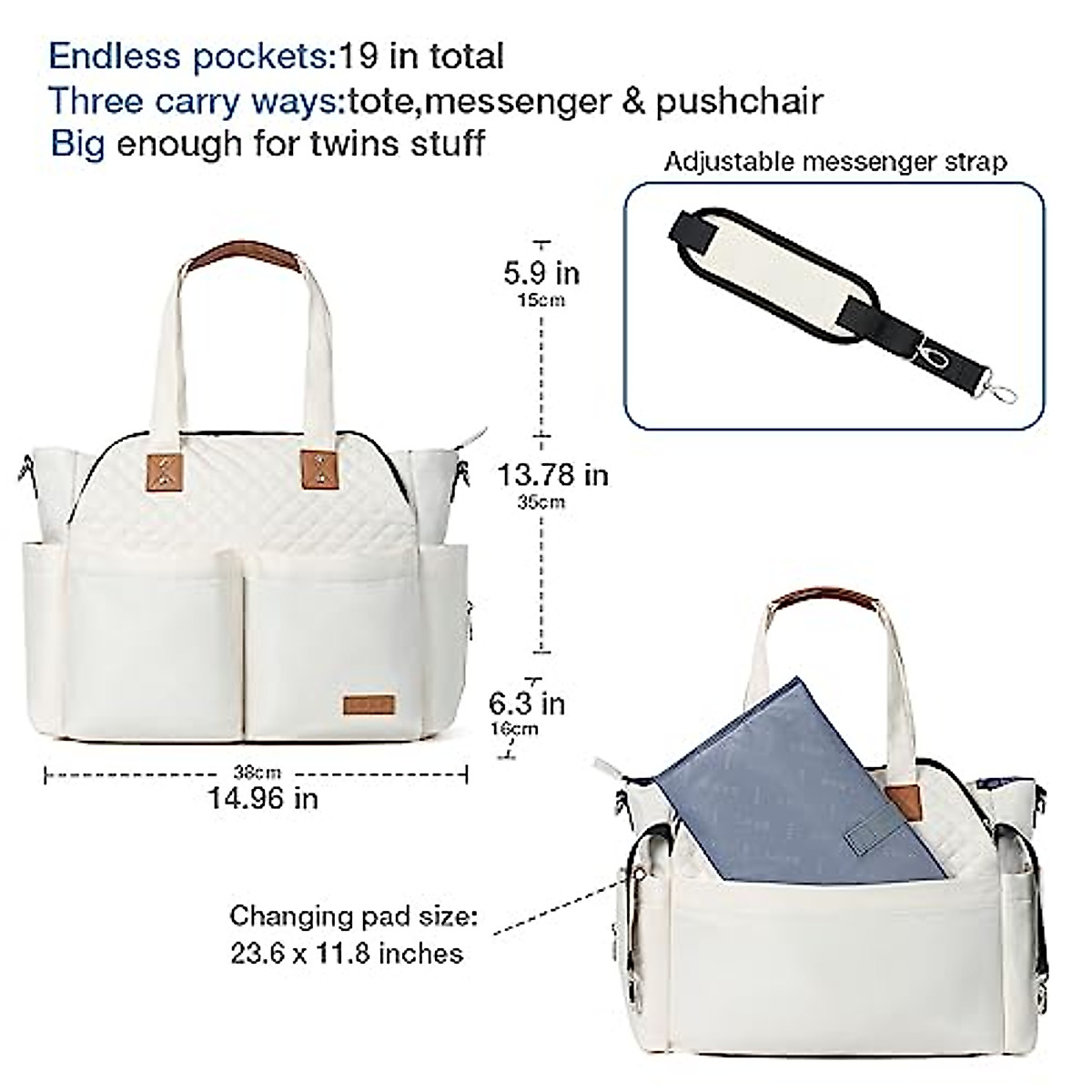 Lekebaby Diaper Bag Tote Large Mommy Bag for Hospital, Baby Bags for Mom Travel Diaper Tote Messenger Purse, Quilted White