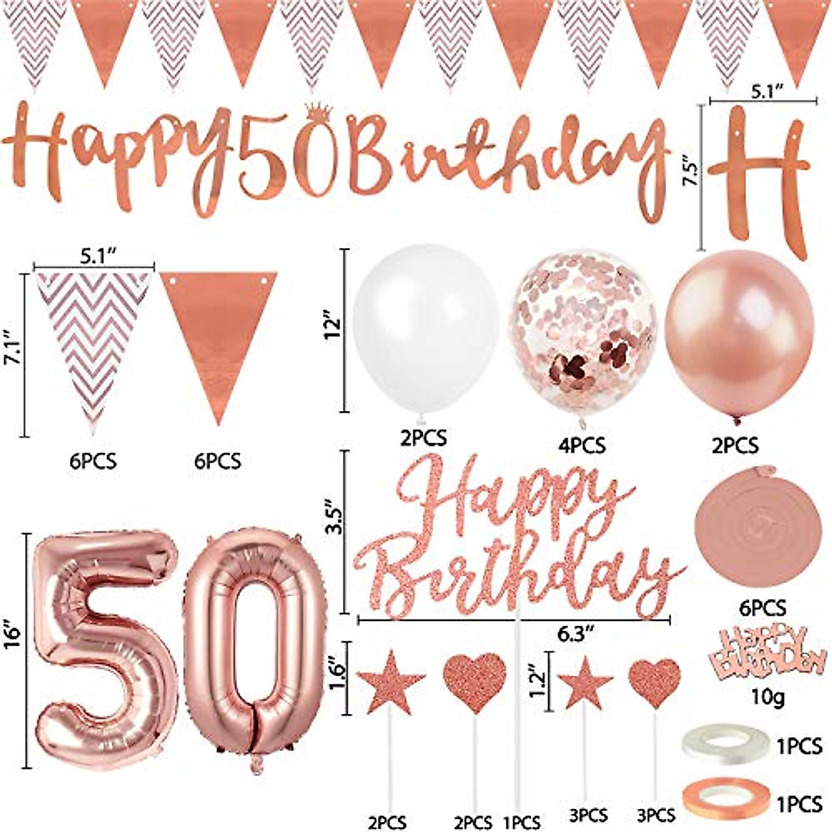 MOVINPE 50th Rose Gold Birthday Decorations, 50th Happy Birthday Banner Pennant Flags 6pcs Hanging Swirl, Number 50 Foil Balloons 8pcs Latex Balloons Cake Toppers Table Confetti for Women