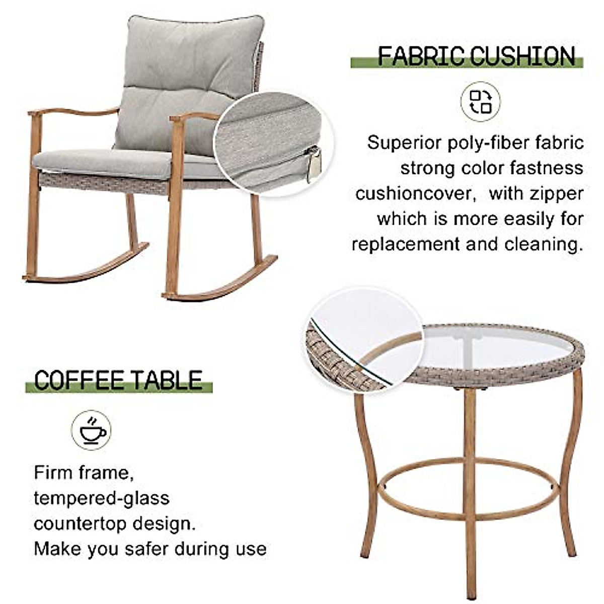 HOMPUS 3-Piece Outdoor Rocking Chairs Bistro Set Wicker Patio Furniture Set Wood Arm Rest Patio Rockes Set w Warm Gray Cushions, Front Porch Rocking Chairs with Glass Coffee Table for Balcony,Garden