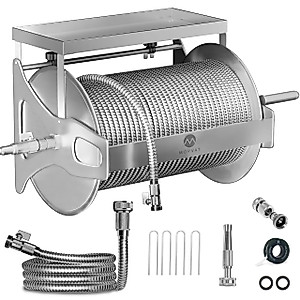 Morvat Stainless Steel Garden Hose Reel 150FT Hose Capacity Retraceable With Crank Handle, Heavy Duty Wall/Floor Mounted Water Hose, Includes 100FT Stainless-Steel Hose with On/Off Valve & Nozzle