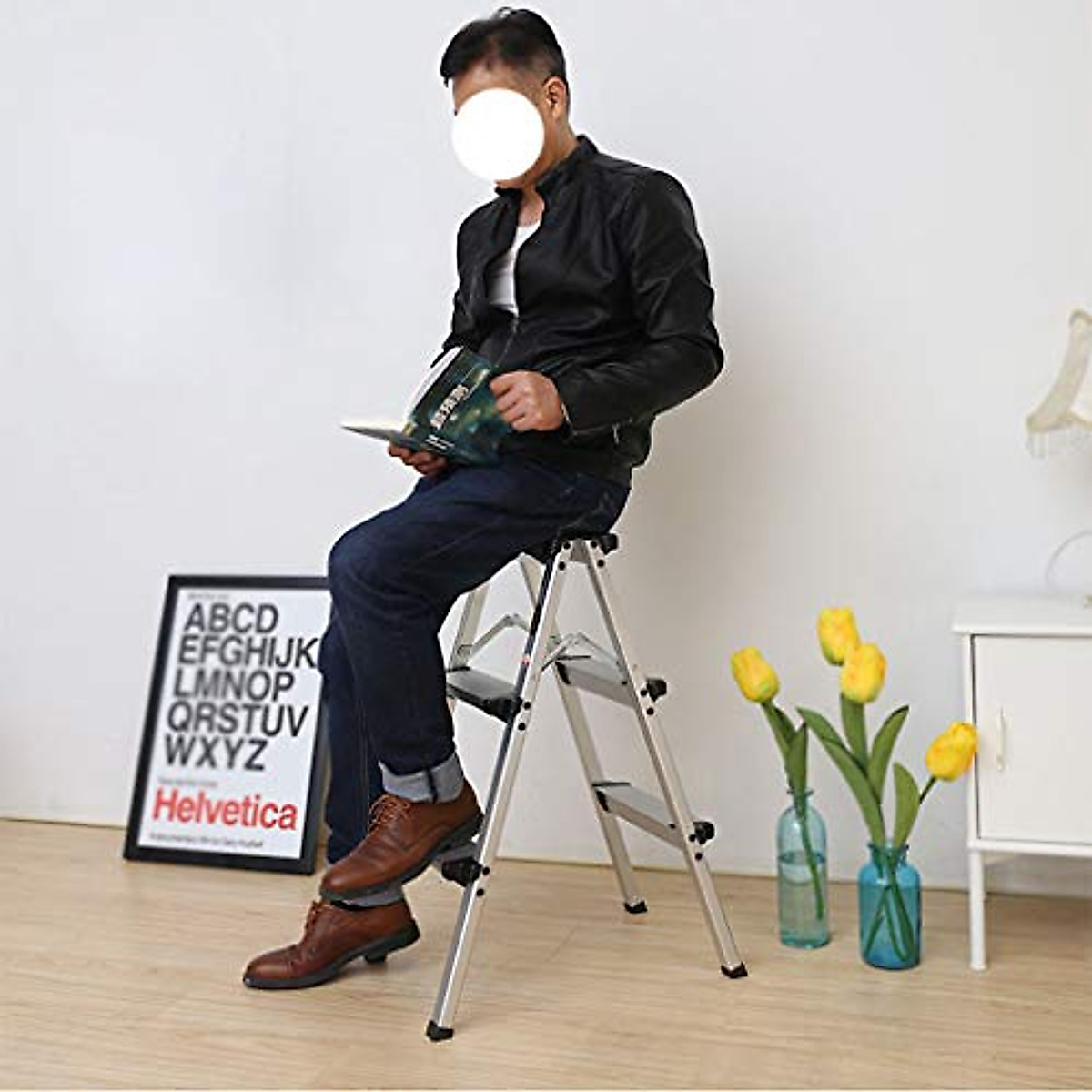 PENGJIE Folding Ladder Step Stool Ladder Stool 3 Step Folding Aluminum Heavy Duty Steel Portable Anti Slip Mat Tread Compact 150 Kg Capacity