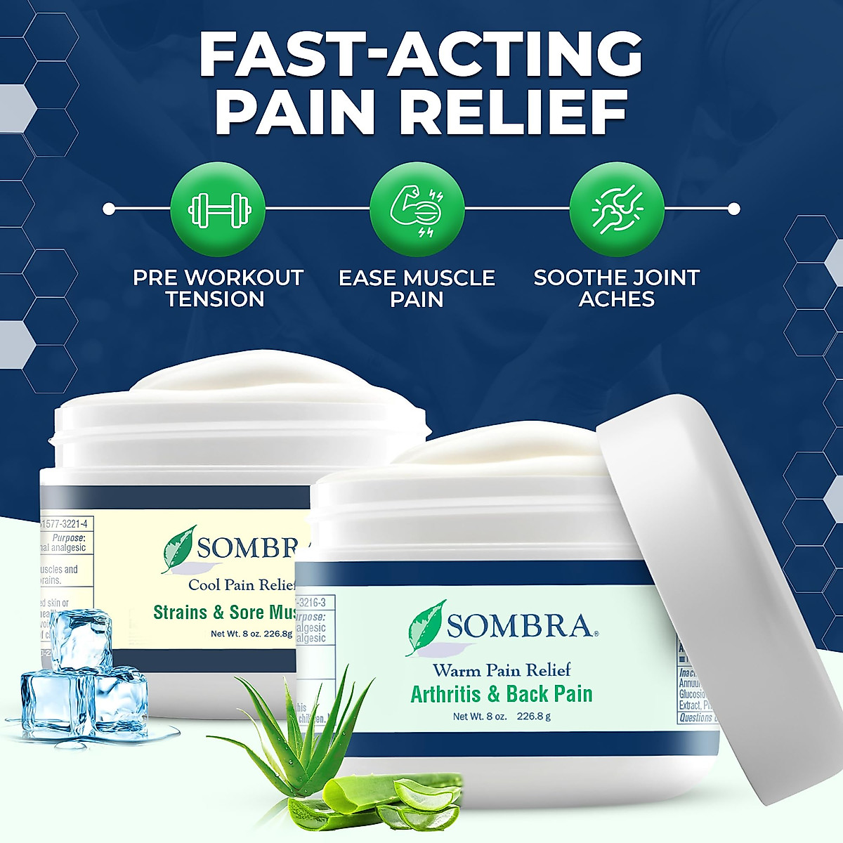 Sombra Warm & Cool Pain Relief Gel, Warm Relief for Arthritis and Chronic Pain Pre-Workout Muscle Rub, Cold for Swelling, Soreness, Post-Workout, Free of Artificial Fragrances, 8oz Per Jar