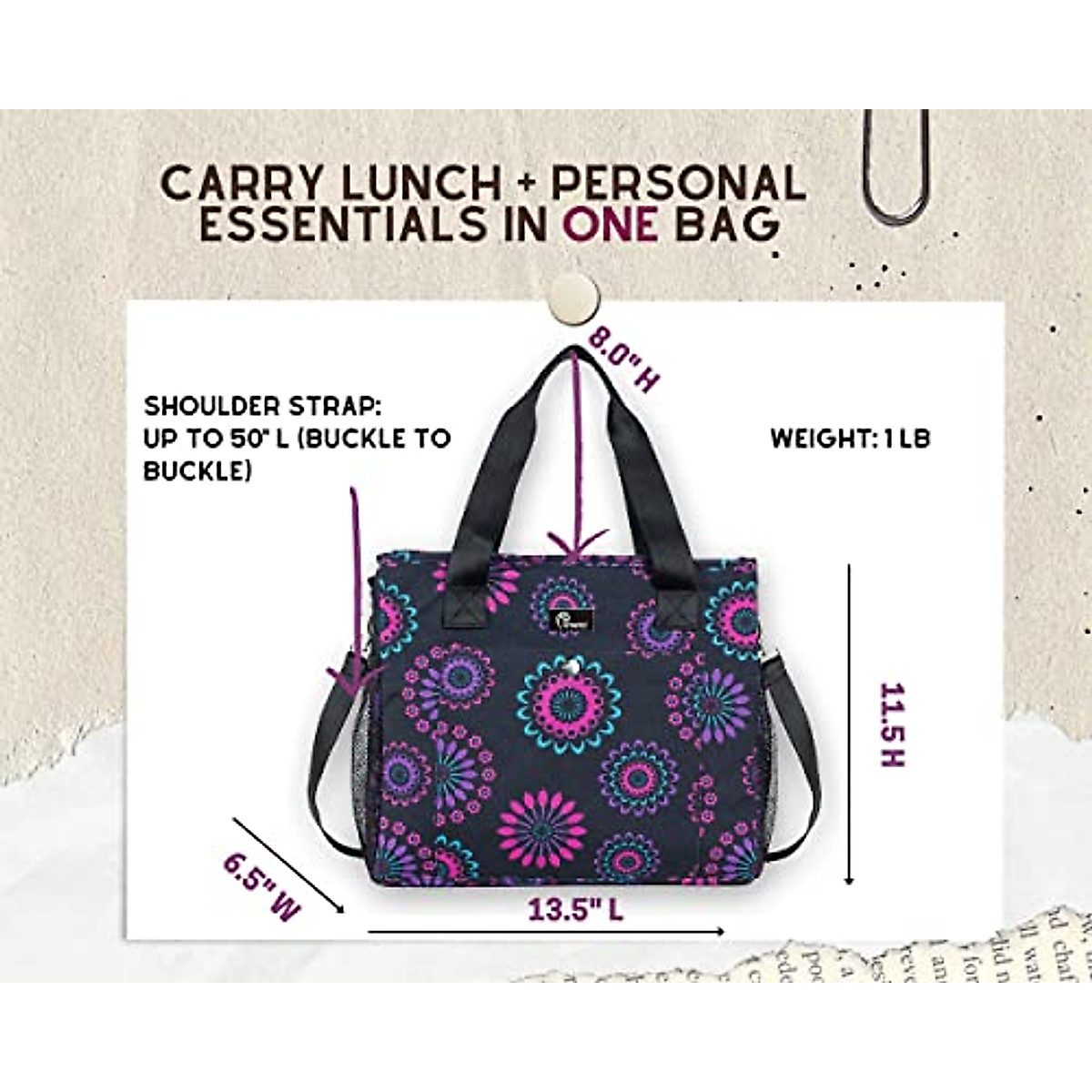 Pursetti Insulated Lunch Bag for Women-Reusable Large Lunch Tote Bag with Water Bottle Holder & Leak-Proof Lining for Work or Travel-Carry by Hand, On the Shoulder or Crossbody (Purple Circle)